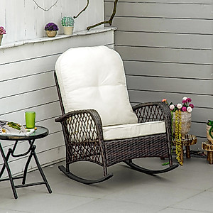 Outsunny Outdoor Wicker Rocking Chair with Wide Seat, Thickened Cushion, Rattan Rocker with Steel Frame for Patio, Garden, Backyard, Cream White