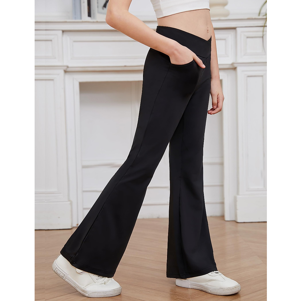 Zaclotre Girls Flare Leggings High Waisted V Crossover Casual Yoga Bell Bottoms with Pockets Pants for Kid Black