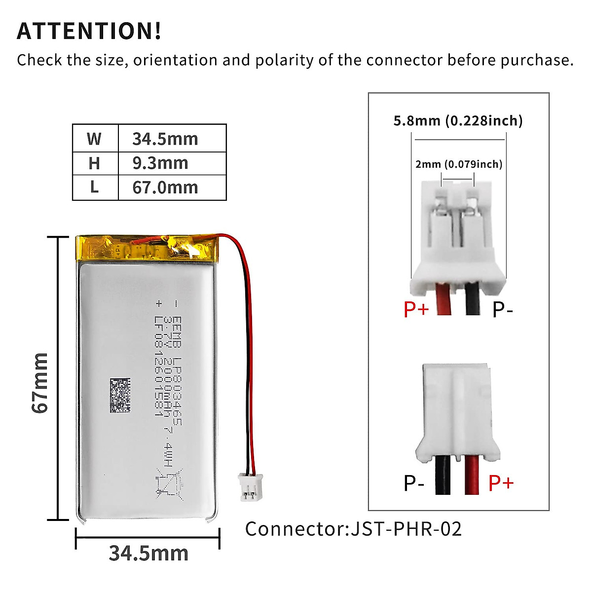 EEMB Lithium Polymer Battery 3.7V 2000mAh 803465 Lipo Rechargeable Battery Pack with Wire JST Connector for Speaker and Wireless Device- Confirm Device & Connector Polarity Before Purchase