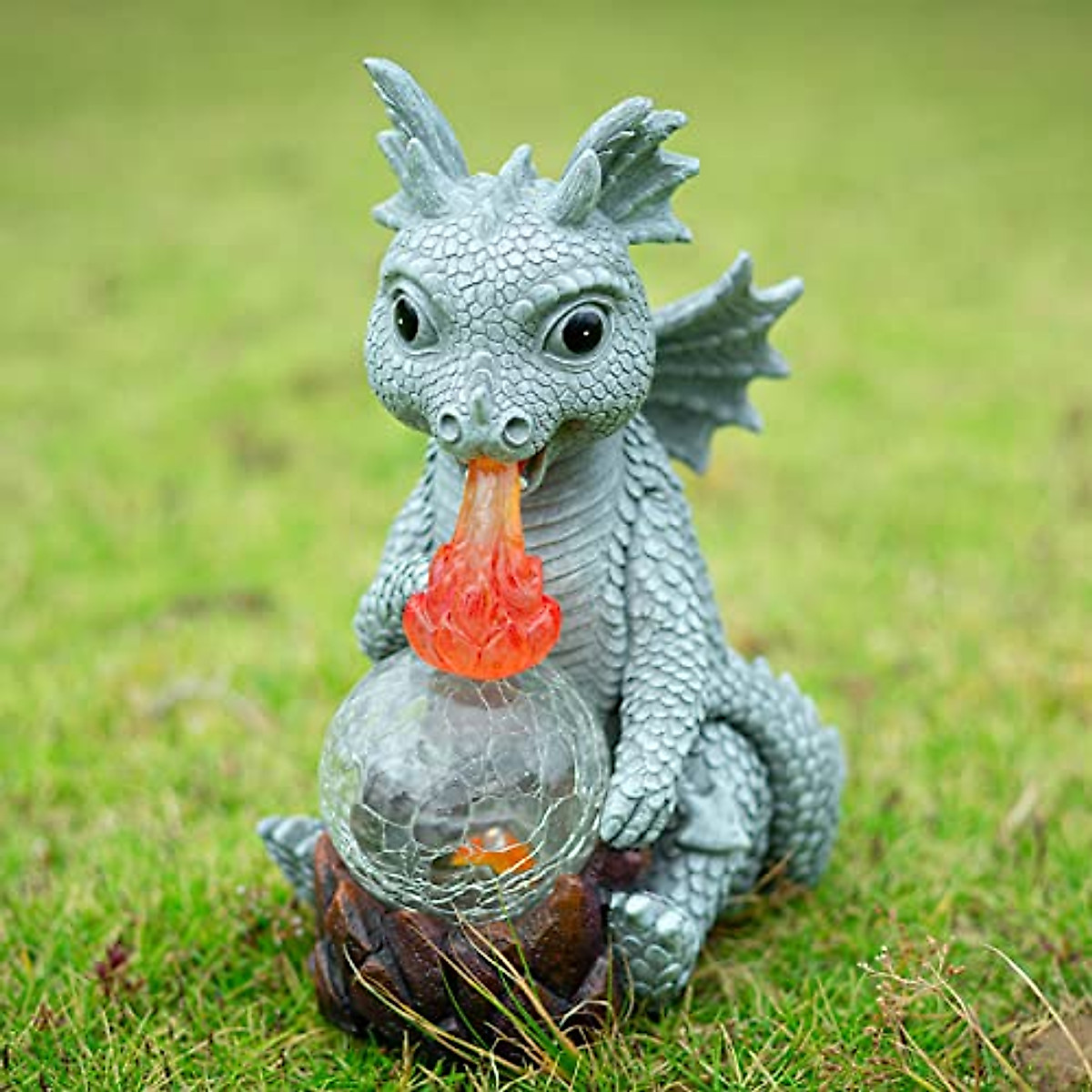 WONDER GARDEN Dragon Statue - Spitfire Dragon Figurines Solar Light Resin Garden Statues with Crackled Glass Globe Outdoor Waterproof Lawn Ornament Decor