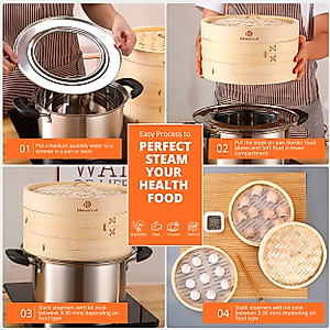 KITCHENCRUST Bamboo Steamer Basket for Chinese Asian Cuisine - 2 Tier 10-Inch Steaming Basket Bun Vegetable Steamer, Dumpling Steamer bamboo steam basket, Sauce Dish, Chopsticks, Reusable Liners, Ring