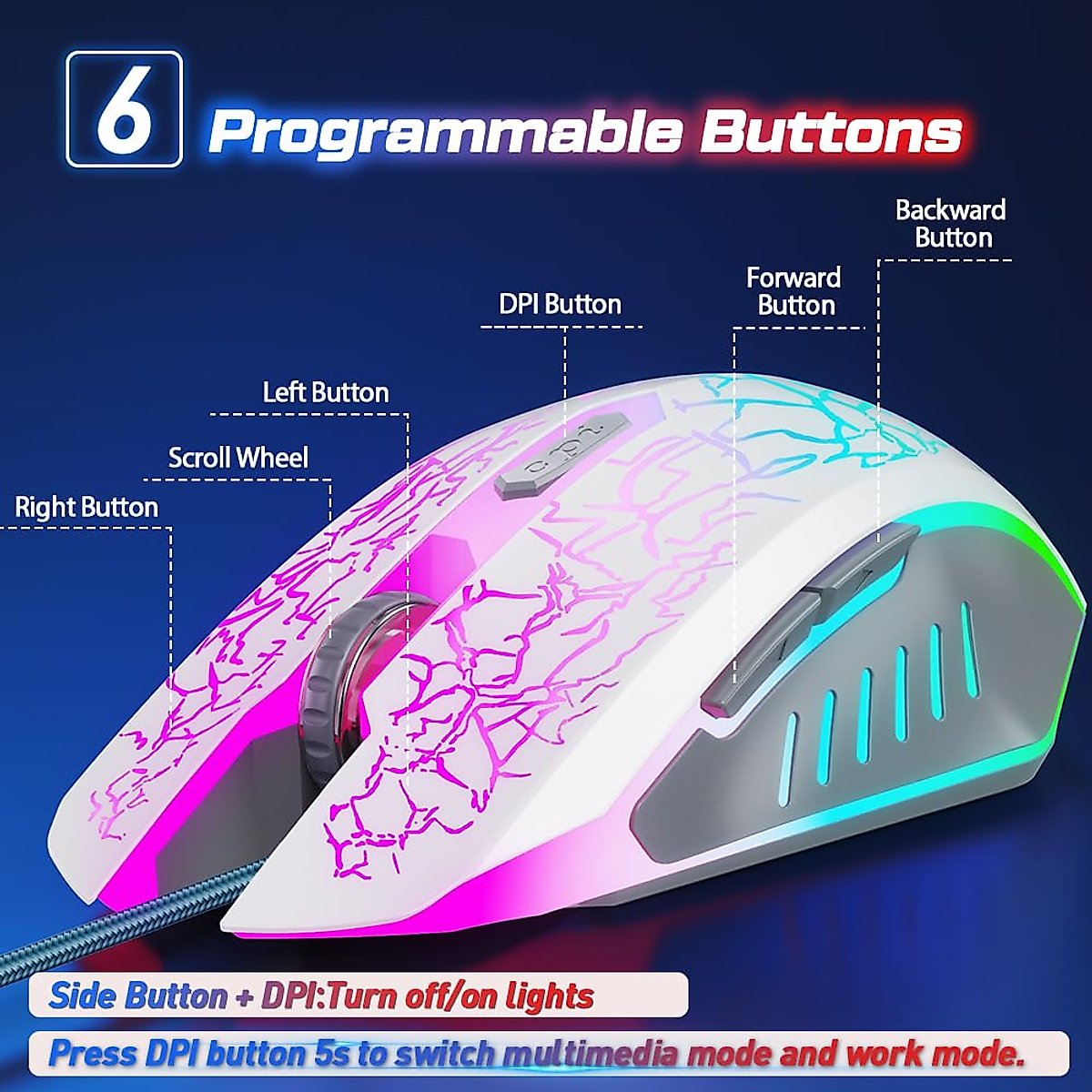 VersionTECH. Wired Gaming Mouse, Computer Mouse Ergonomic Mice with 7 LED Lights RGB Backlit, 6 Programmable Buttons, 4 Adjustable DPI for Laptop PC Gamer Desktop Chromebook Mac Games-White