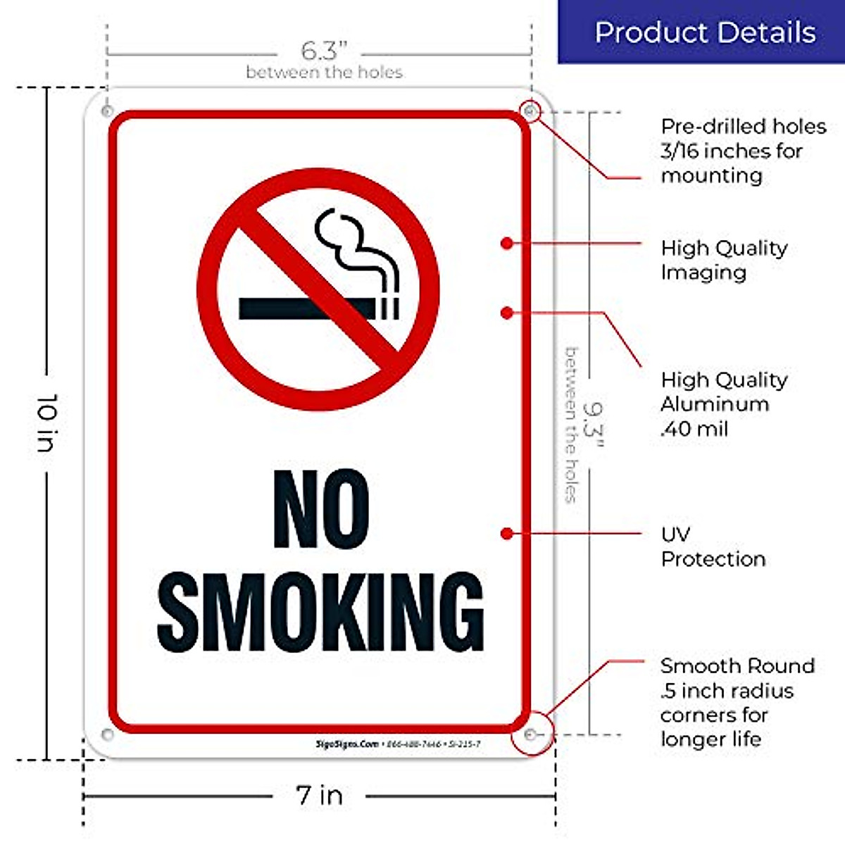 Sigo Signs - No Smoking Metal Sign, (4 Pack) 10x7 Inches, Rust Free .040 Aluminum, Fade Resistant, Made in USA