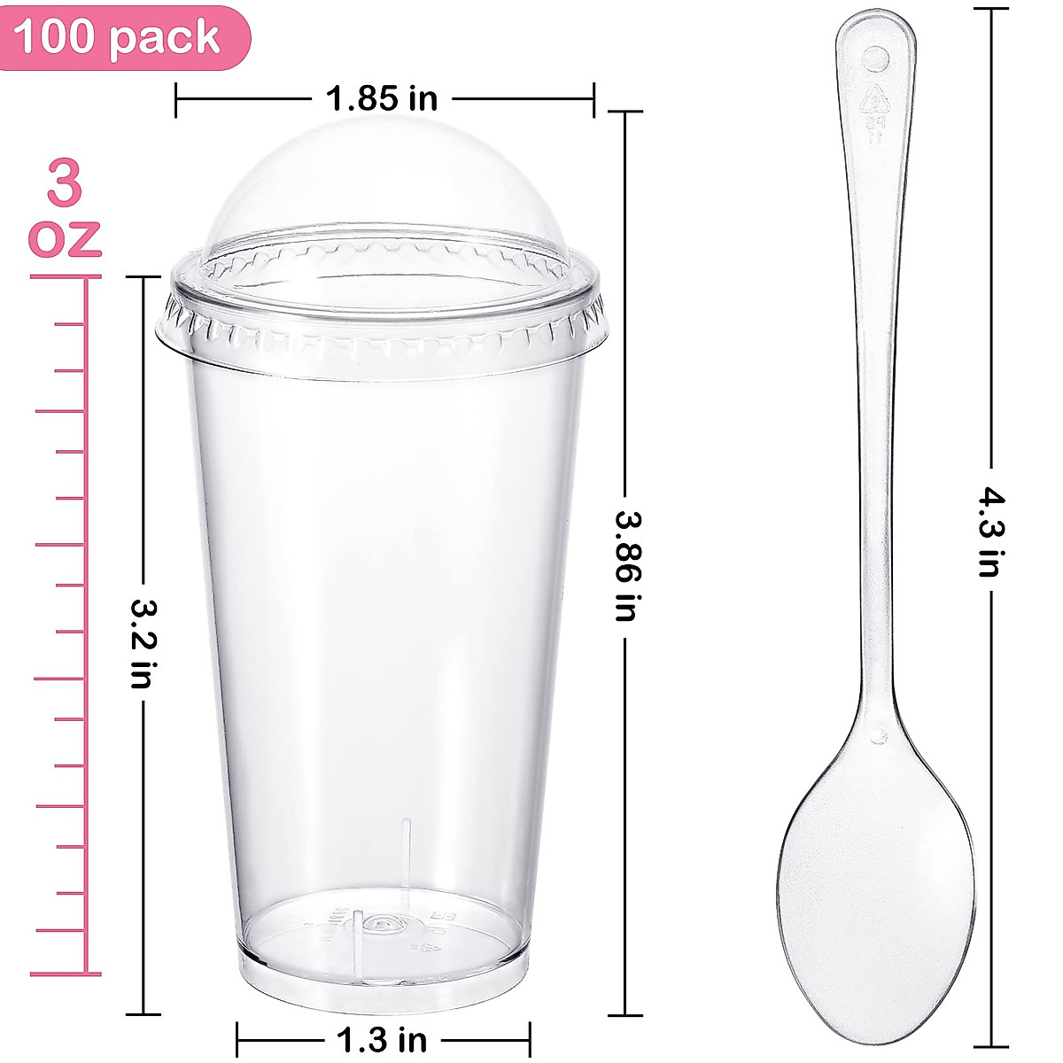 HawHawToys 100 Pack 3 OZ Dessert Cups with Lids and Spoons, Clear Plastic Mini Dessert Shooter Parfait Cups for Party Desserts,Appetizers Serving (100)