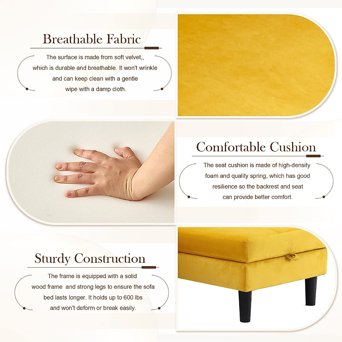 Modern Velvet Pull Out Sleeper Sofa Bed with Chaise, Comfy L Shaped Convertible Sleeper Couch with Storage and Pocket, Sectional 3 Seat Couch for Living Room Furniture or Office, Smooth Back - Yellow