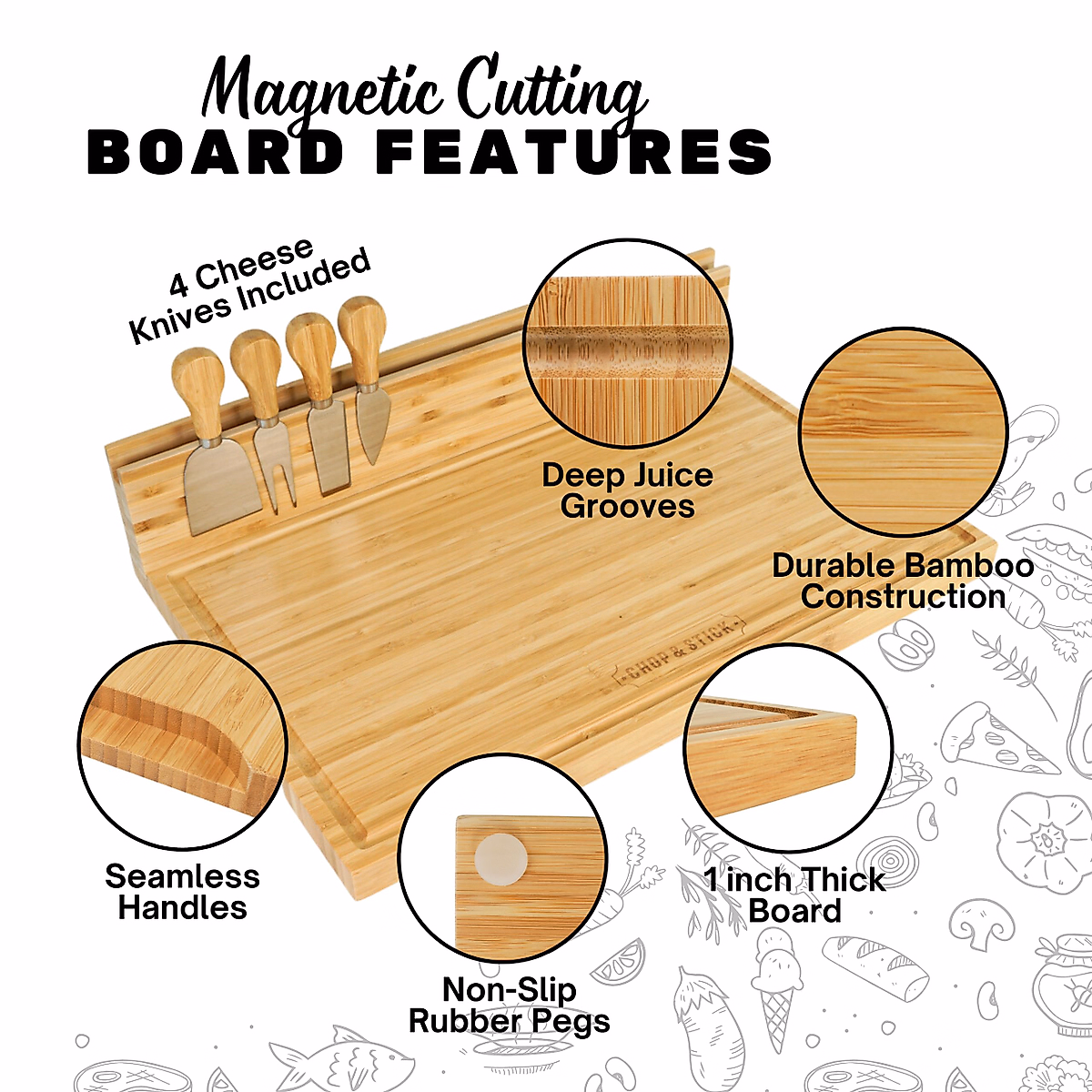 CHOP & STICK Cutting Board and Cheese Knife Set with Magnetic Knife Holder - XXL 18'' x 12'' x 1'' inch Bamboo Charcuterie Board Set, Multifunctional Board