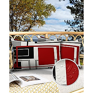 Red Gray Black Geometric Lumbar Pillow Covers 12 x 20 Inches, Modern Abstract Art Aesthetics Waterproof Throw Pillow Cover Set of 2, Decorative Rectangle Cushion Covers for Patio/Tent/Couch/Garden