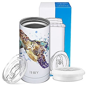THILY Skinny Can Cooler with Lid, Vacuum Insulated Drink Sleeve Holder for 12 oz Slim Cans | 2 in 1 Stainless Steel Travel Insulated Tumbler, for Slim Beer & Hard Seltzer, Sea Turtle