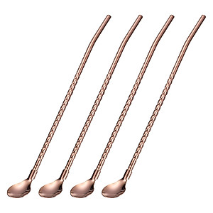 uxcell Stainless Steel Spoon Straws, 4Pcs 8.6" Reusable Metal Long Handle Drinking Straws Spoon for Milkshake Drinks Cocktail, Rose Gold