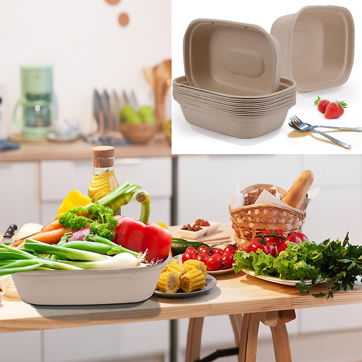 Kaderron 35 oz 50 Pack Large Paper Bowls with Lids, Disposable Bowls Bulk Leakproof and Microwave Safe for Hot/Cold Use