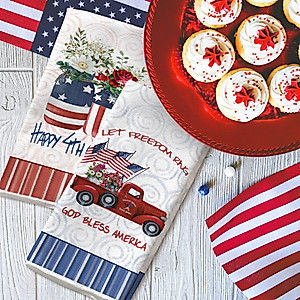 AnyDesign Happy 4th of July Kitchen Towel God Bless America Dish Towel 18 x 28in Patriotic American Flag Truck Flower Vase Hand Drying Tea Towel for Independence Day Memorial Day Cooking Baking, 2Pcs
