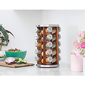 Orii 20 Jar Dark Acacia Wood Spice Rack with Spices Included - Rotating Tower Organizer for Kitchen Spices and Seasonings, Free Spice Refills for 5 Years (Dark Stained Acacia Wood)