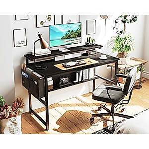 ODK Gaming Desk with Adjustable Monitor Stand (3.2", 4.3", 5.5"), 47 Inch Computer Desk with Storage Bag, Gamer Desk with Under-Desk Shelf, Simple Modern Style Laptop Desk for Small Space,Black