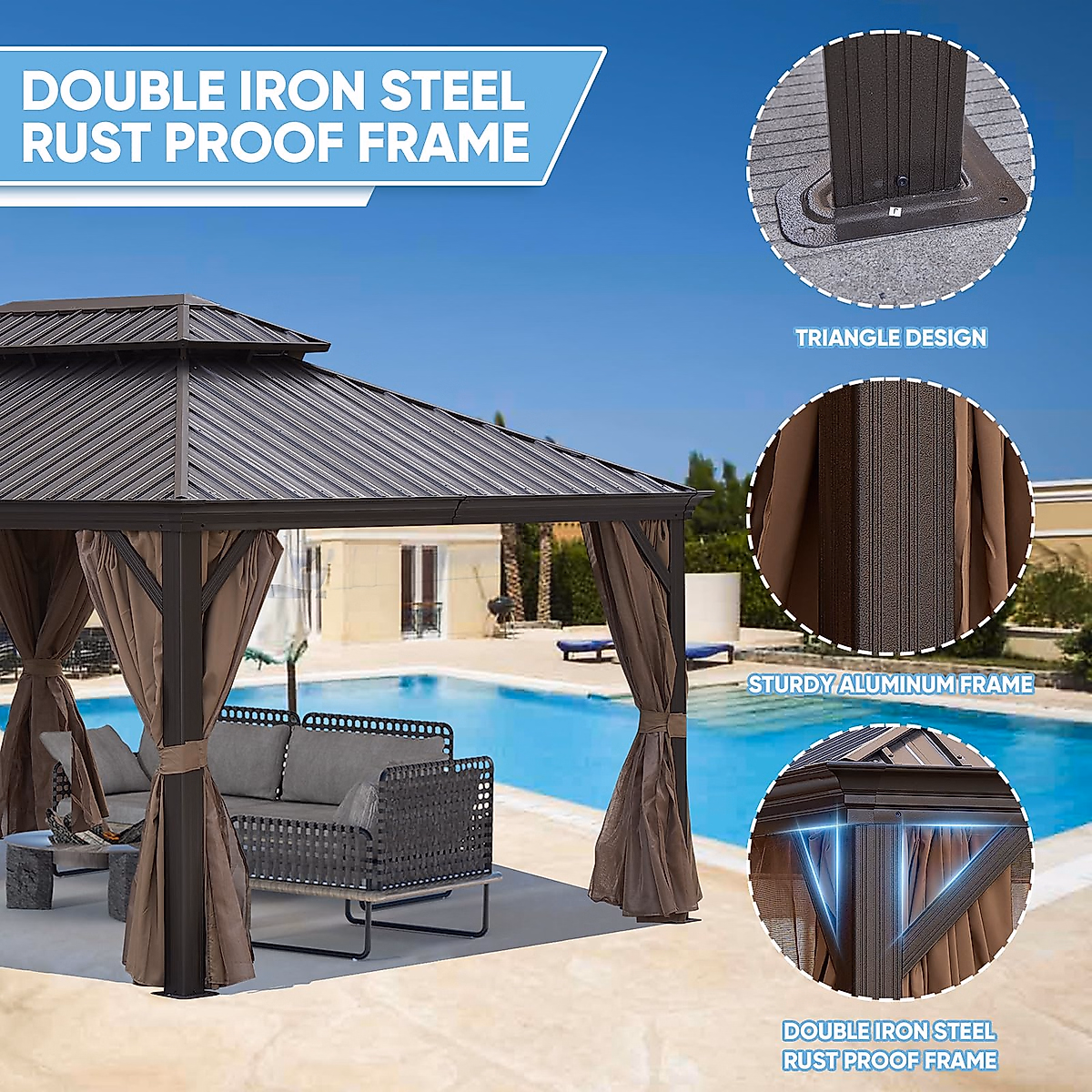 12’ X 12’ Hardtop Gazebo Double Roof Galvanized Steel Combined of Vertical Stripes Canopy Outdoor Aluminum Frame Patio Permanent Metal Pavilion with Nettings and Curtains for Deck Backyard Lawn Garden