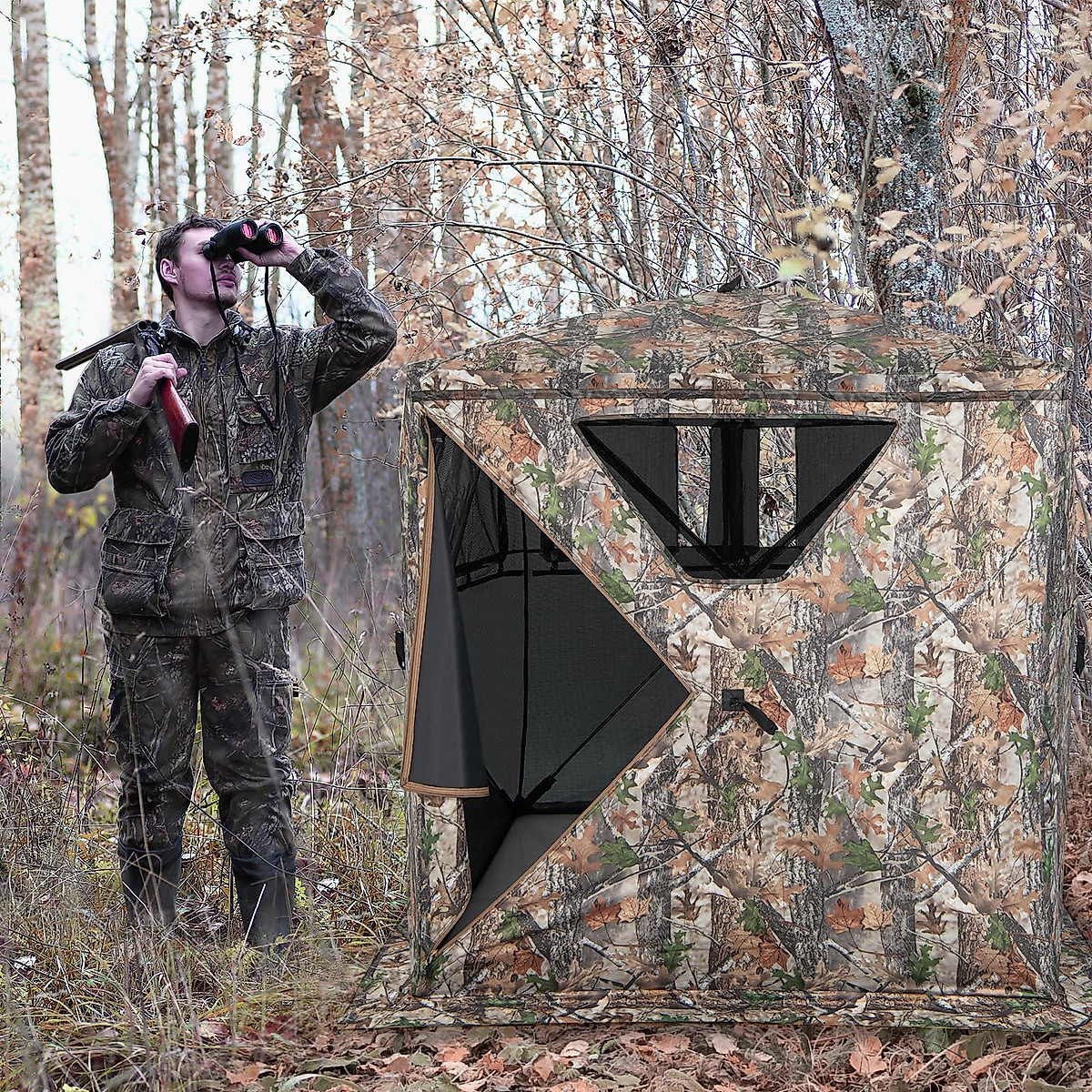 HAPPYGRILL Hunting Ground Blind for 2-3 Person, 270° See Through Hunting Blind with Storage Bag, Panoramic Window, Silent Window Slide, Portable Pop Up Blind Hunting Tent