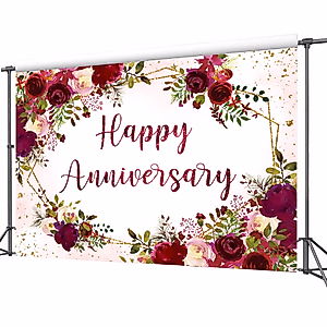 Homewelle Happy Anniversary Backdrop 7Wx5H Feet Polyester Fabric Elegant Burgundy Flower Rose Plant Botanical Decoration Green Leaves Gold Glitter Photography Background Photo Shoot Props