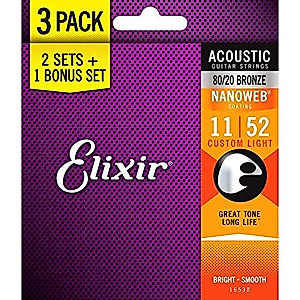 Elixir Strings, Acoustic Guitar Strings, 80/20 Bronze with NANOWEB Coating, Longest-Lasting Bright and Focused Tone with Comfortable Feel, 6 String Set, 3 Pack, Custom Light 11-52