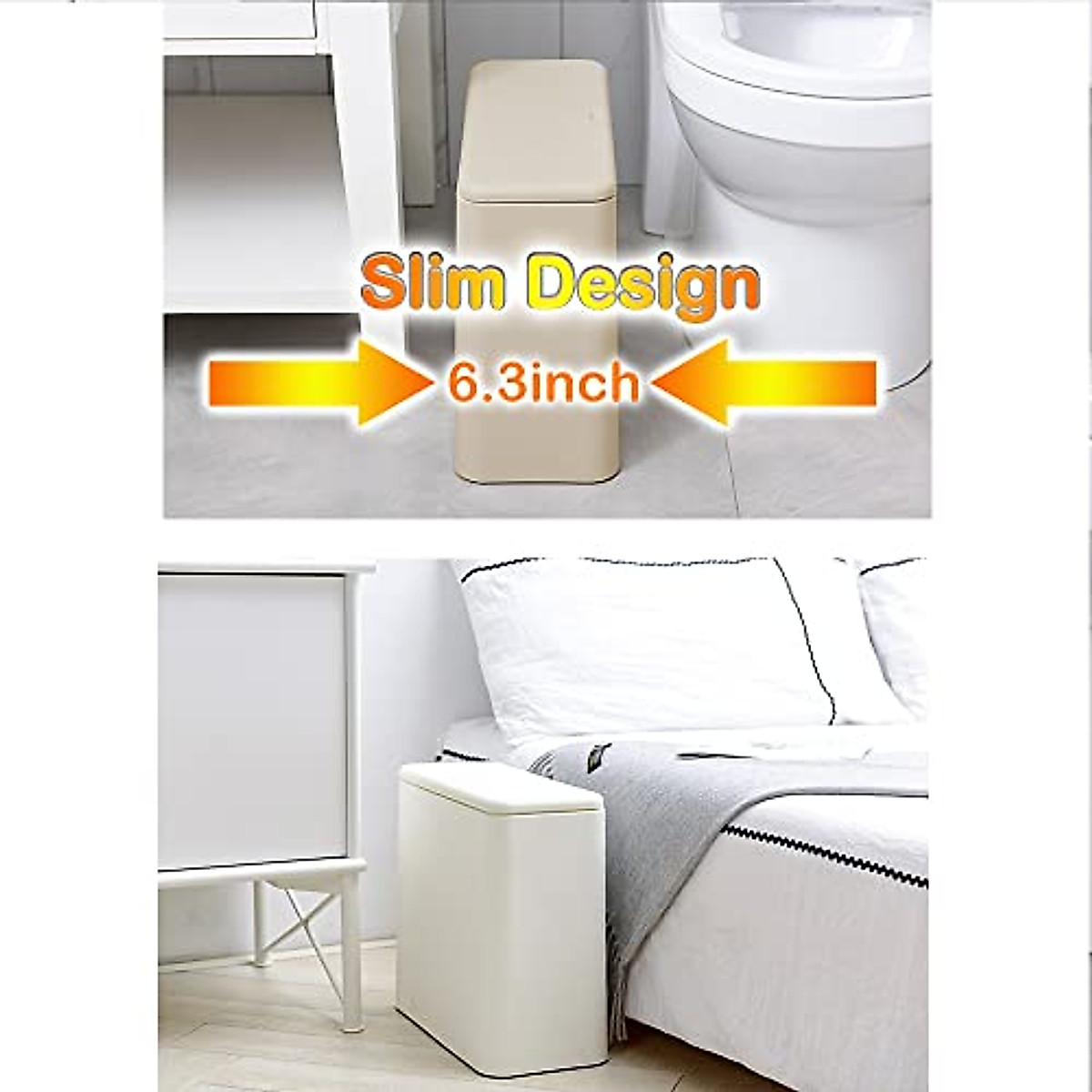 CWLL Modern Wastebasket Thin Trash Can,Small Rectangular Dog Proof Plastic Trash Bin,3.2 Gallon/12 Liter Slim Plastic Trash Can Wastebasket with Press Type Lid, Beige