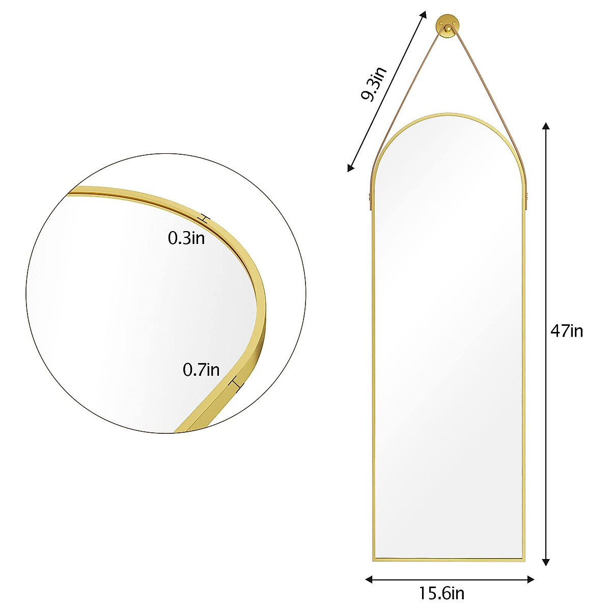 HARRITPURE 16"x48"Arched Mirror with Hanging Leather Strap Full Length Mirror Aluminum Frame Wall-Mounted Arch Mirror Hanging Mirrors for Bathroom Vanity Living Room Bedroom Entryway, Gold