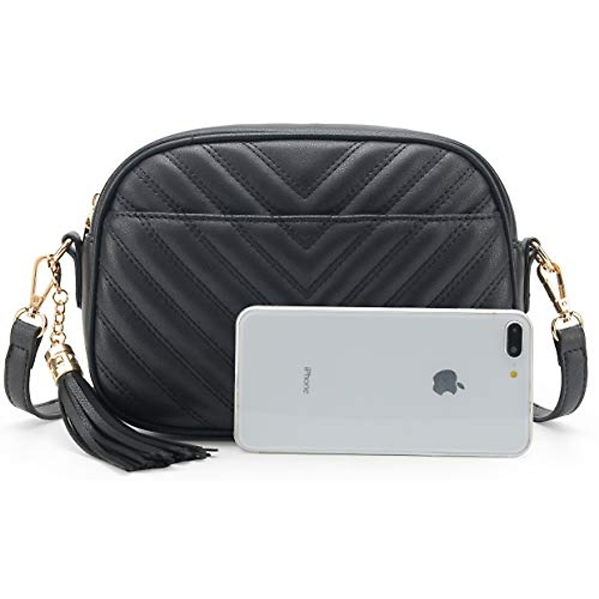 lola mae Quilted Crossbody Bag, Medium Lightweight Shoulder Purse Top Zipper Tassel Accent Black Bag (BLACK LM706V)