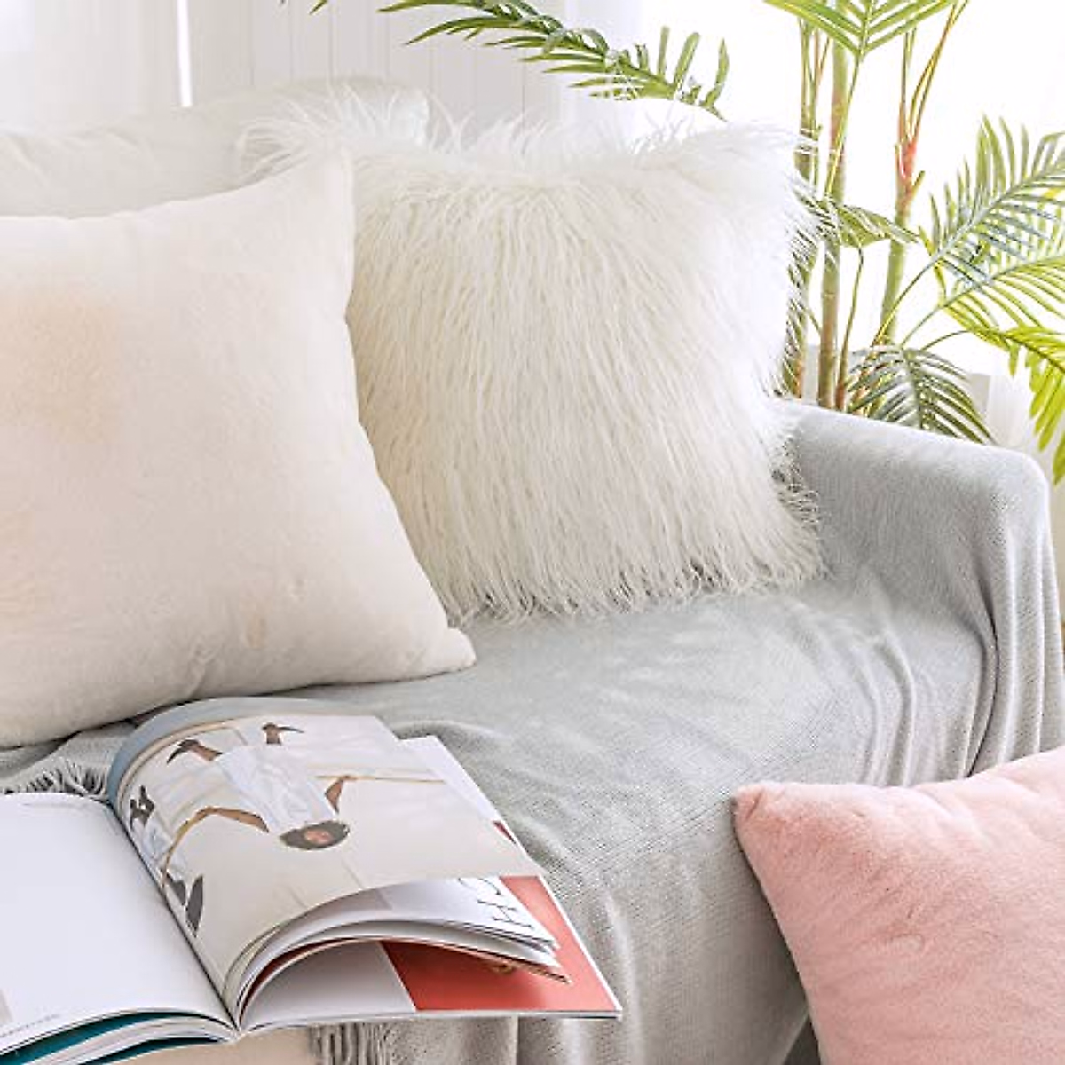 Kevin Textile Set of 2 Faux Fur Pillow Cover Decorative New Luxury Series Merino Style Off-White Fluffy Throw Pillow Case Fuzzy Cushion Cover Pillow Covers for Bed (18" x 18" 45cm x 45cm)