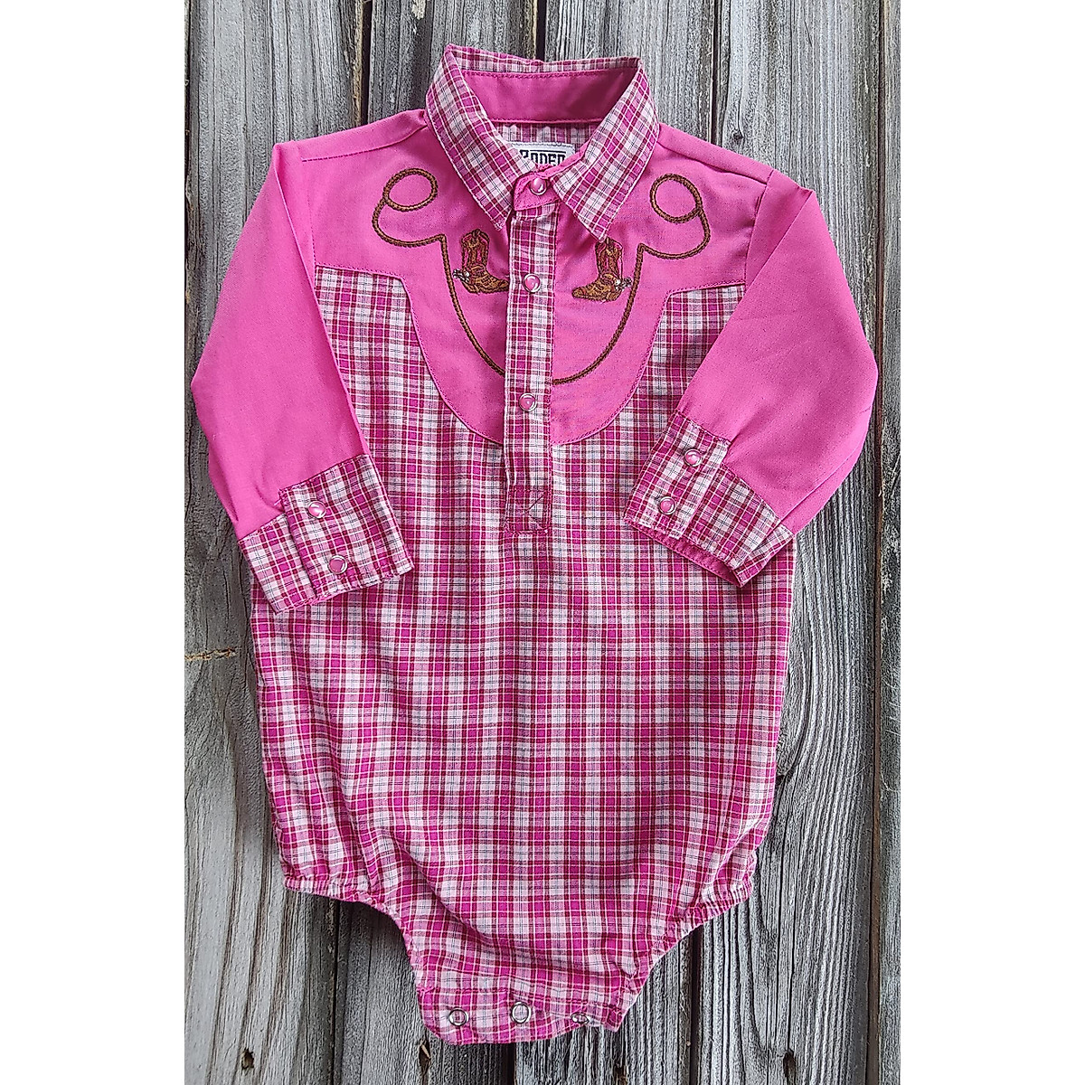 4Rodeo Baby Toddler Western Pink Plaid Cowboy Bodysuit Shirt (9-12 Months)