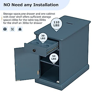 P PURLOVE Classic Vintage Living Room End Table, Wooden Side Table with USB Ports and One Multifunctional Drawer with Cup Holders (Antique Navy)