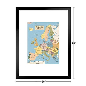 Vintage Map of Europe Travel World Political Map Cities in Detail Map Posters for Wall Map Art Wall Decor Geographical Illustration Tourist Travel Destinations Matted Framed Wall Art Decor 20x26
