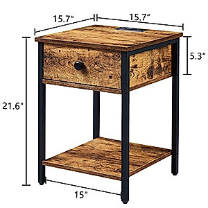 SUPERJARE Nightstand with Charging Station and USB Ports, Side Table End Table with Drawer, Open Storage Shelf and Steel Frame, Bedside Table for Small Spaces, Rustic Brown