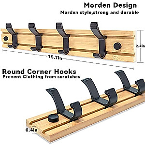 Coat Rack Wall Mounted ,Wooden Board Coat Rack with 4 Movable Coat Hooks, Heavy Duty Coat Metal Hooks Rail for Coat Hat Towel Purse Robes Bathroom Entryway (Natural)