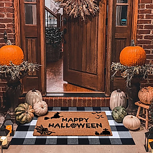 Halloween Decor Doormat Combo Set, 100% Coco Coir Welcome Mat + 28 x 43 Inches Black and White Plaid Mat- Halloween Front Porch Entryway Decor Floor Mat, Outdoor Mats Happy Halloween