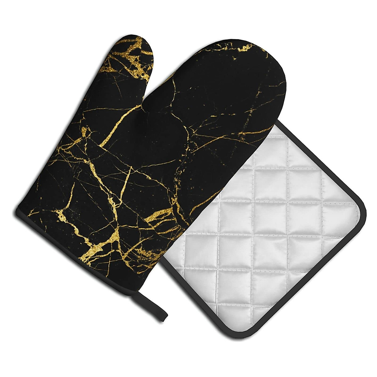 RENGMIAN Black Gold Marble Oven Mitts and Pot Holders Heat Resistant Oven Gloves Safe Cooking Baking Grilling