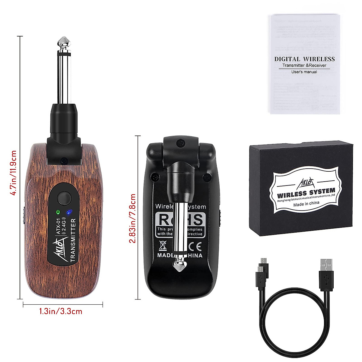 AKLOT Wireless Guitar System Transmitter Receiver Set 2.4GHz Built-in Rechargeable Lithium Battery Digital for Electric Guitar Bass