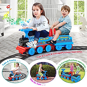 JOYLDIAS Ride On Train with 16pcs Curved Tracks, 6V Electric Ride On Toy Trains with Lights, Horns, Storage, Retractable Foot Pedals, Gift for Toddlers Under 39 inches, Blue