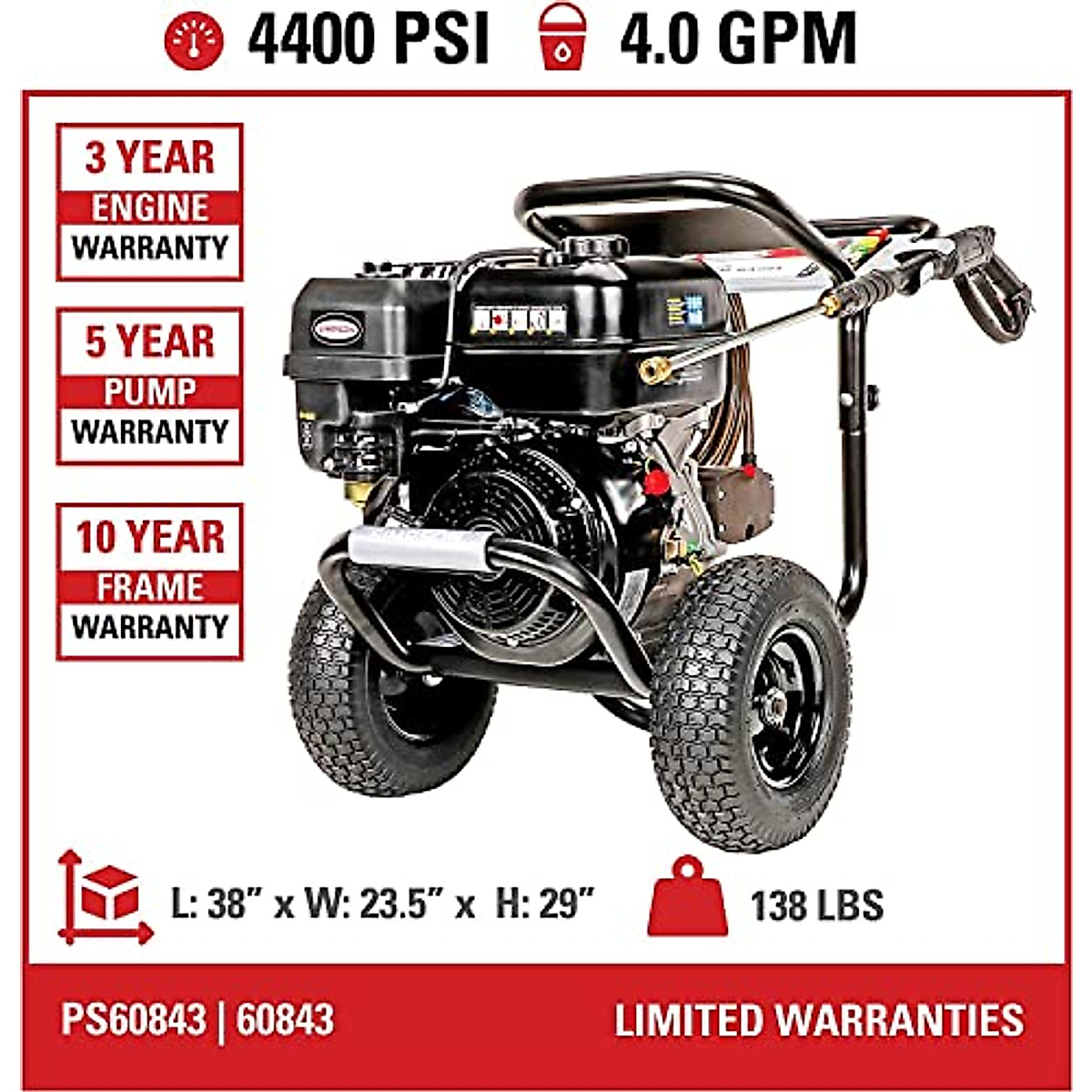 SIMPSON Cleaning PS60843 PowerShot 4400 PSI Gas Pressure Washer, 4.0 GPM, CRX 420cc Engine, Includes Spray Gun and Extension Wand, 5 QC Nozzle Tips, 3/8-inch x 50-foot Monster Hose