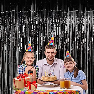 Muhome Black Foil Fringe Curtain, 2PCS 3.28FT x 8.2FT Tinsel Door Curtains & 1 Masking Tape Black Fringe Backdrop for Wedding Birthday Baby Shower Bachelorette Party Decorations