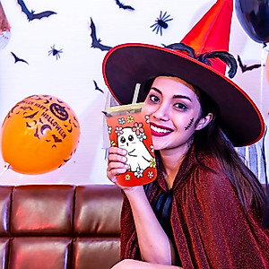 UAREHIBY Halloween Gifts for Women with Floral Ghost Mug,18 OZ Cute Halloween Spooky Glass Cups with Lids and Straws,Funny Halloween Coffee Tumbler Ghost Mug,Halloween Decorations