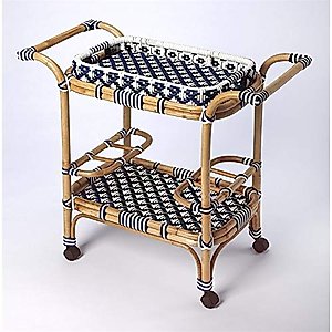 BOWERY HILL Transitional Selena Rattan Bar Cart in Blue and White