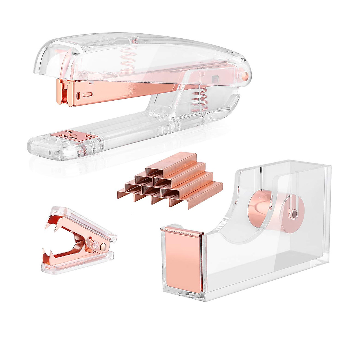 ALSISK Desk Accessory Kit,Acrylic Stapler Set, Tape Dispenser, Staple Remover with 1000pcs 26/6 Staples -Rose Gold