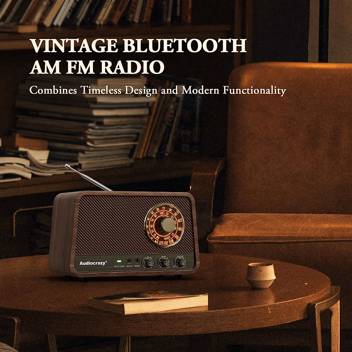 Audiocrazy AM FM Radio Retro Table Top Radio with Bluetooth Speaker,Vintage Wooden Finish Radio Plug in Wall for Home, Office,Aux in, Headphone Jack, Bass Control