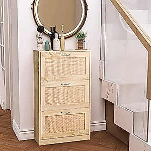 HOPUBUY Shoe Cabinet for Entryway, Narrow Shoe Storage Cabinet, Hidden Rattan Shoe Cabinet Wood 3 Tier Slim Shoe Rack for Home and Apartment, Nature