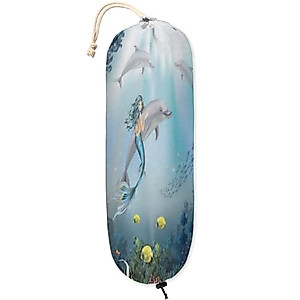 Plastic Bag Holder Underwater World Dolphin Mermaid Grocery Bag Organizer Hanging Kitchen Plastic Bag Storage/Garbage Shopping Bag Trash Bags Dispenser for Farmhouse Kitchen Home Decor