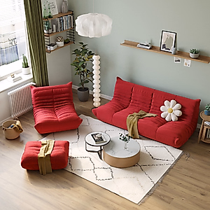 TIFLON Lazy Floor Sofa,Minimalist Sofa Couch,Teddy Velvet 3Seatert Sofa, Fireside Chair,Tatami Sofa,Corner Relax Sofa Couch for Living Room Bedroom Salon Office-Red