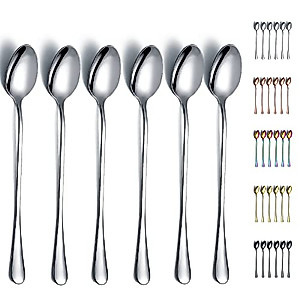 Iced Tea Spoons, Kyraton Stainless Steel 7.5" Long Handle Mixing Spoon, Coffee Spoon, Stirring Bar Spoon, Cocktail Spoon, Latte Spoon Pack of 6