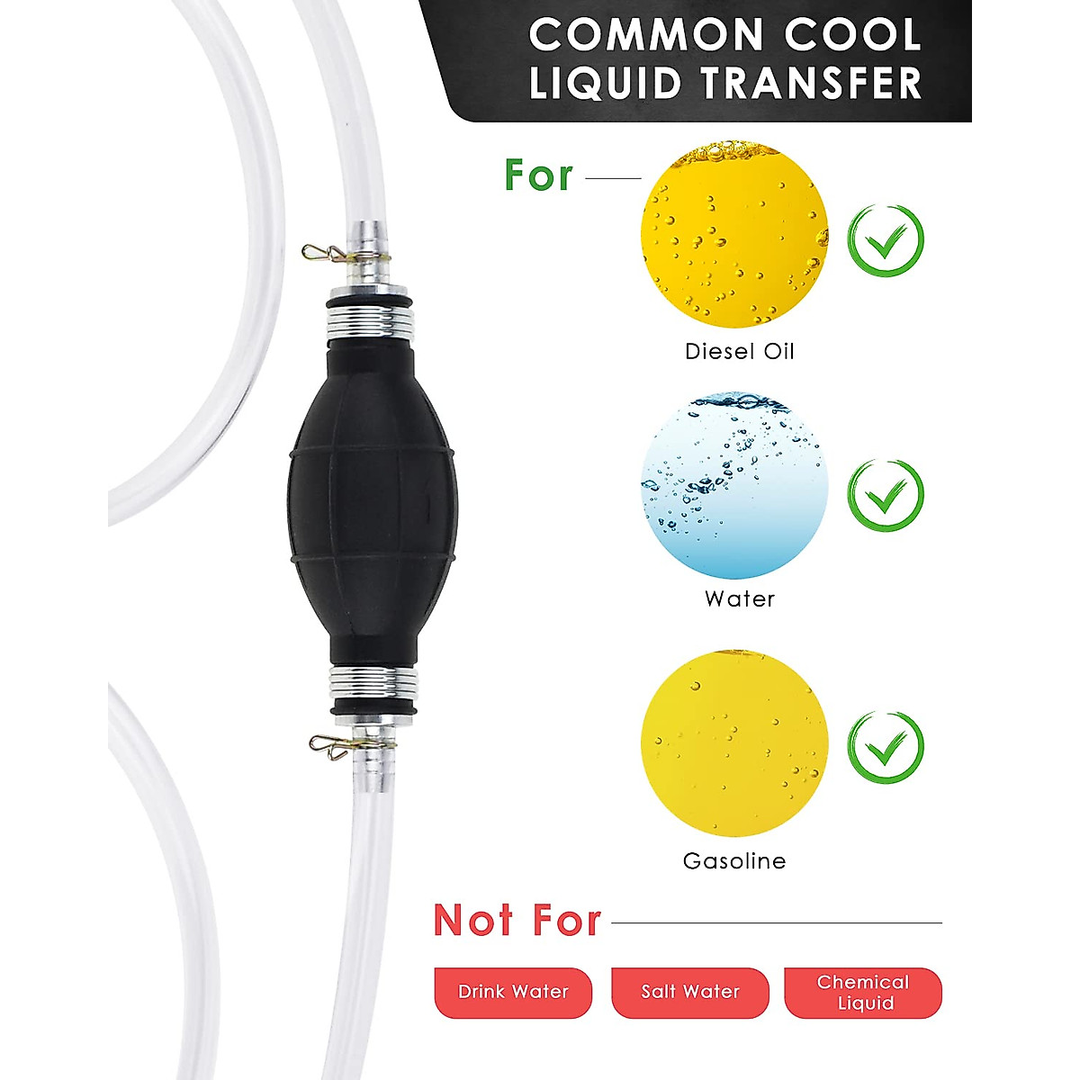 KATUMO Gasoline Siphone Hose, Gas Oil Water Fuel Transfer Siphon Pump, Portable Widely Use Hand Fuel Pump, Fuel Transfer Pump with 2 Durable PVC Hoses