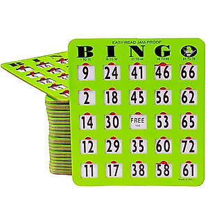 MR CHIPS Jam-Proof Easy-Read Large Print Fingertip Bingo Cards with Sliding Windows - 25 Pack in Green Style