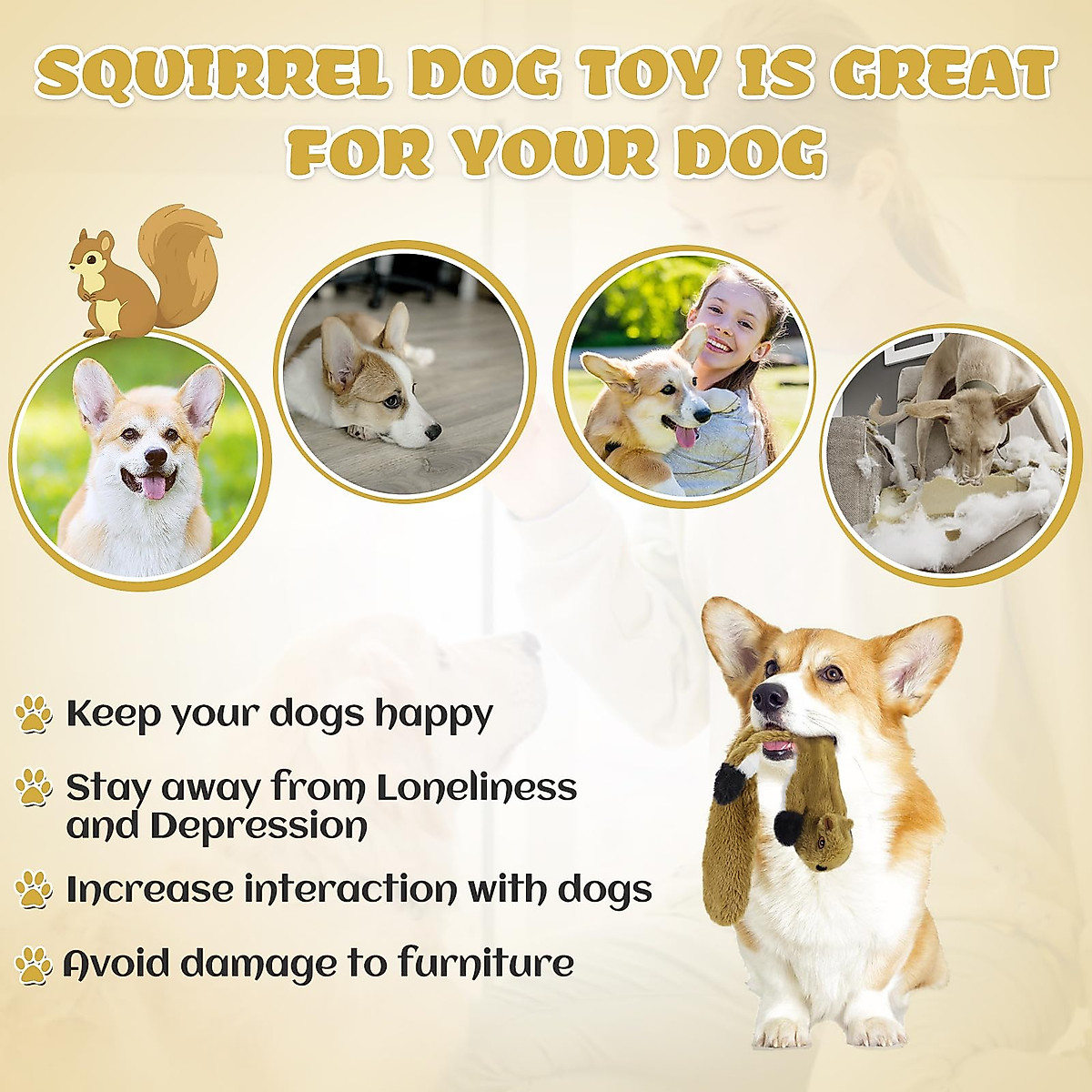 Alphatool Squeaky Dog Toy - Tough No Stuffing Squirrel Toys to Keep Dog Busy, Small Medium Large Dogs, Durable Interactive Plush Puppy Toys for Birthday Gift