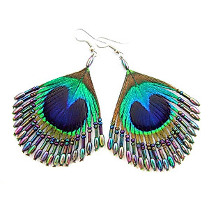 Swimmi Iridescent Peacock Feather Earrings, Hand Beaded Rainbow Color Beads Peacock Earrings for Women, Handmade Dangle Drop Feather Earrings Fashion Jewelry FA014