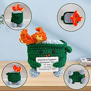 Emotional Support Crochet Dumpster Fire with Positive Card Cute Room Decor Knitted Toys Funny Crochet Support Buddies Gifts for Friends (Green)
