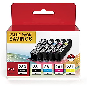PGI-280XXL CLI-281XL 5 Color Value Pack, Compatible for Canon 280 281 Ink Cartridges use with TR7520 TR7500 TR8520 TR8500 TR8620 TS6120 TS6220 TS6320 TS702 (PGBK, Black, Cyan, Magenta, Yellow)
